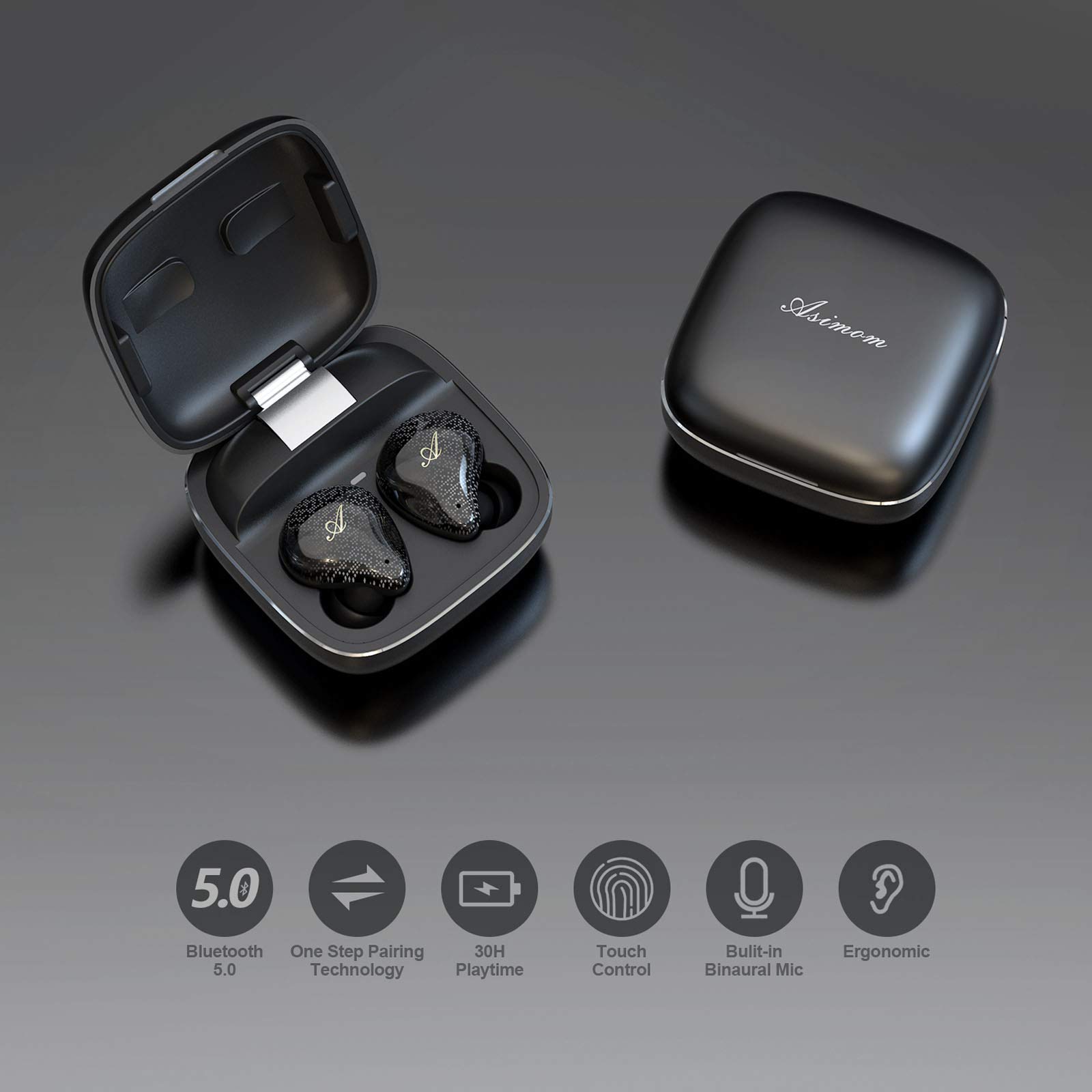 ASIMOM True Wireless Earbuds, Bluetooth V5.0, TWS Bluetooth Earphones, Auto-Pair Wireless Headphones with High Definition Mic, Stereo Sound, Smart Touch, 30 Hours Playtime