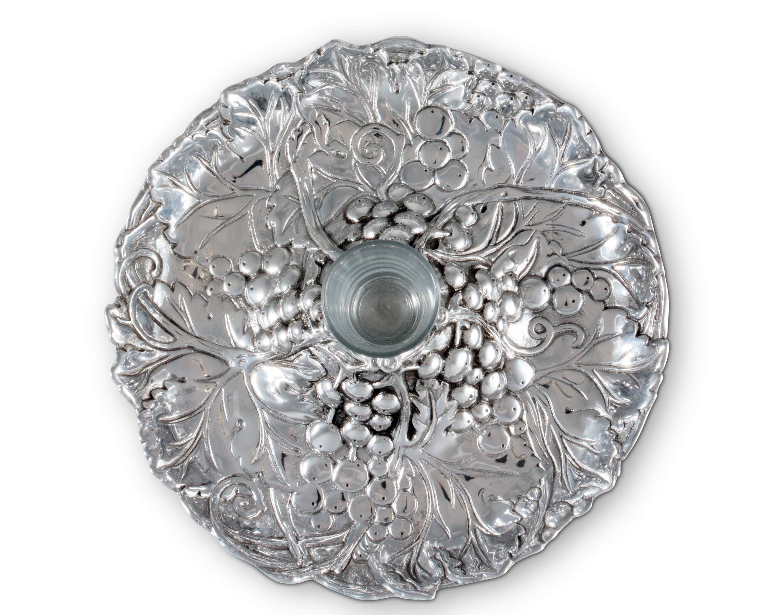 Arthur Court Aluminum Metal Grape Pattern Tidbit Cheese Hors d'oeuvres Tray with Glass for Toothpick - Entertaining Small Platter 10 inch Diameter x 2.25 inch Tall