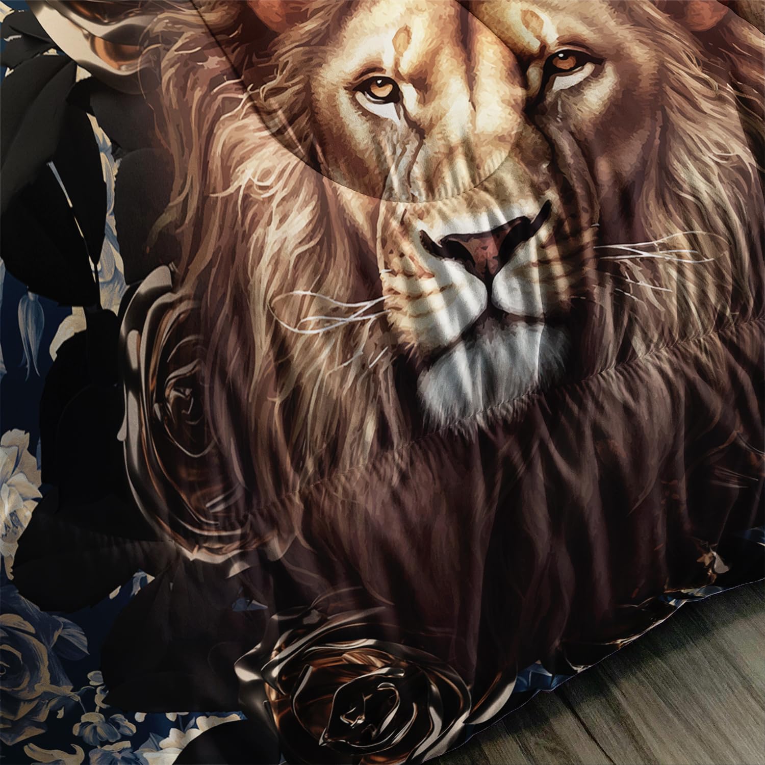 AILONEN 3D Lion King Comforter Set Queen Size, 3D Gold Rose Bedding Set,African Safari Animals Fitted Bed in a Bag for Kids Teens,Crown Lion Duvet Set,1 Quilt and 2 Pillowcases,3 PCS