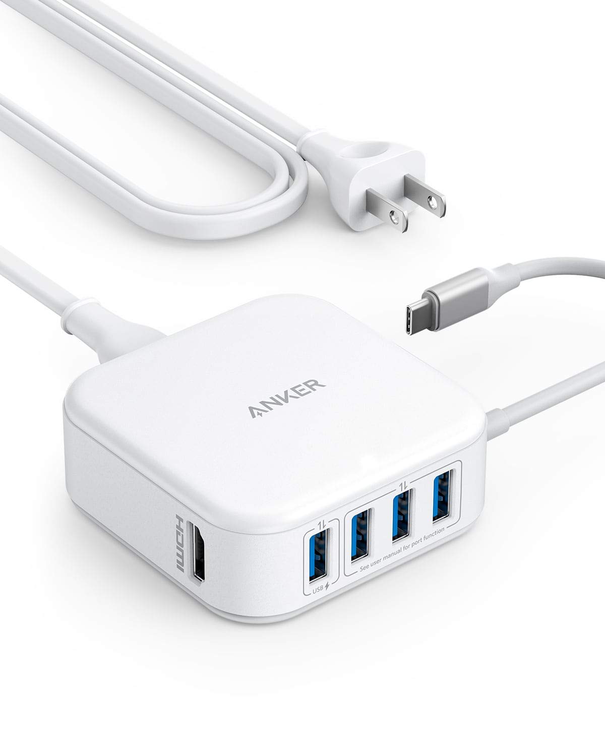 Anker USB C HDMI Hub with AC Adapter, PowerPort 5-in-1 37.5W Charger, with 4K HDMI, 30W Power Delivery, 4 USB 3.0 Ports, Compatible with iPhone, iPad, MacBook, Galaxy, Note, and More