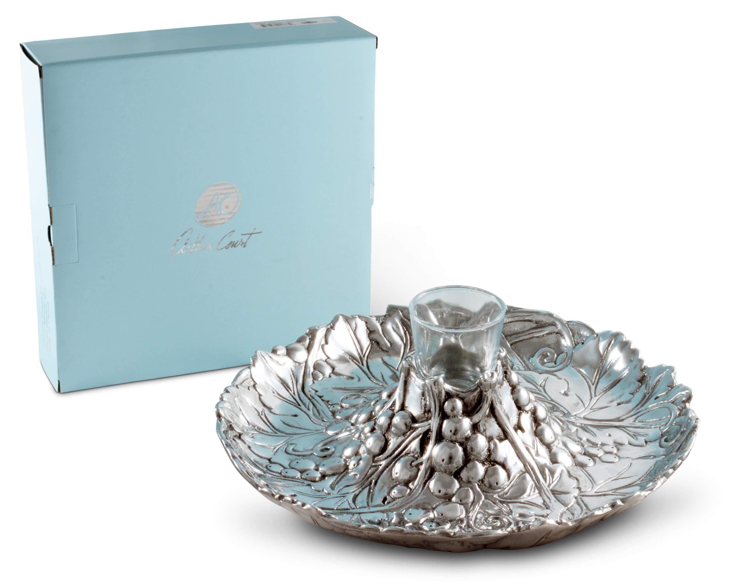 Arthur Court Aluminum Metal Grape Pattern Tidbit Cheese Hors d'oeuvres Tray with Glass for Toothpick - Entertaining Small Platter 10 inch Diameter x 2.25 inch Tall