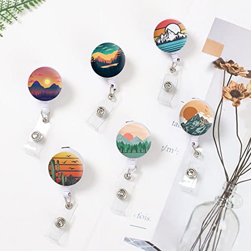 Badge Reel Retractable Nurse Badge Holder Cute Name Decorative Badge Reels with Clip on ID Card Holders (5 Pack Mountain Sky Sun)