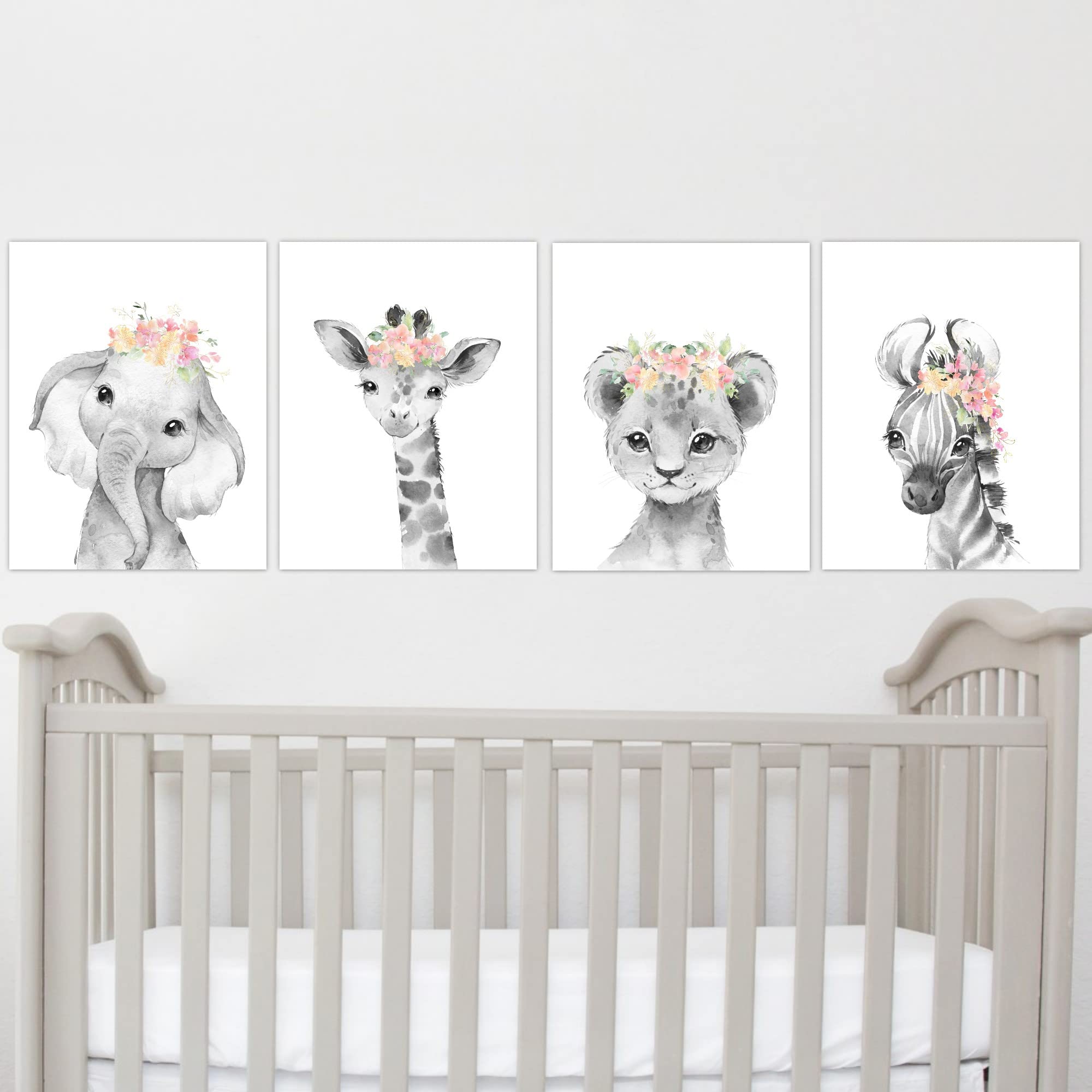 Baby Girl Nursery Wall Art Pink Floral Safari Animals Elephant Giraffe Lion Zebra Room Decor 4 UNFRAMED PRINTS