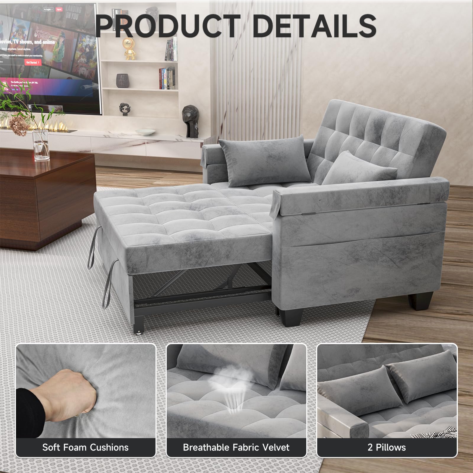 Buenhomino 3 in 1 Convertible Sofa Bed, Modern Futon Pull Out Sleeper Couch, 48'' Velvet Loveseat Chaise Lounge with Adjustable Backrest Pillows, Hidden Side Table for Living Room, Small Space Grey