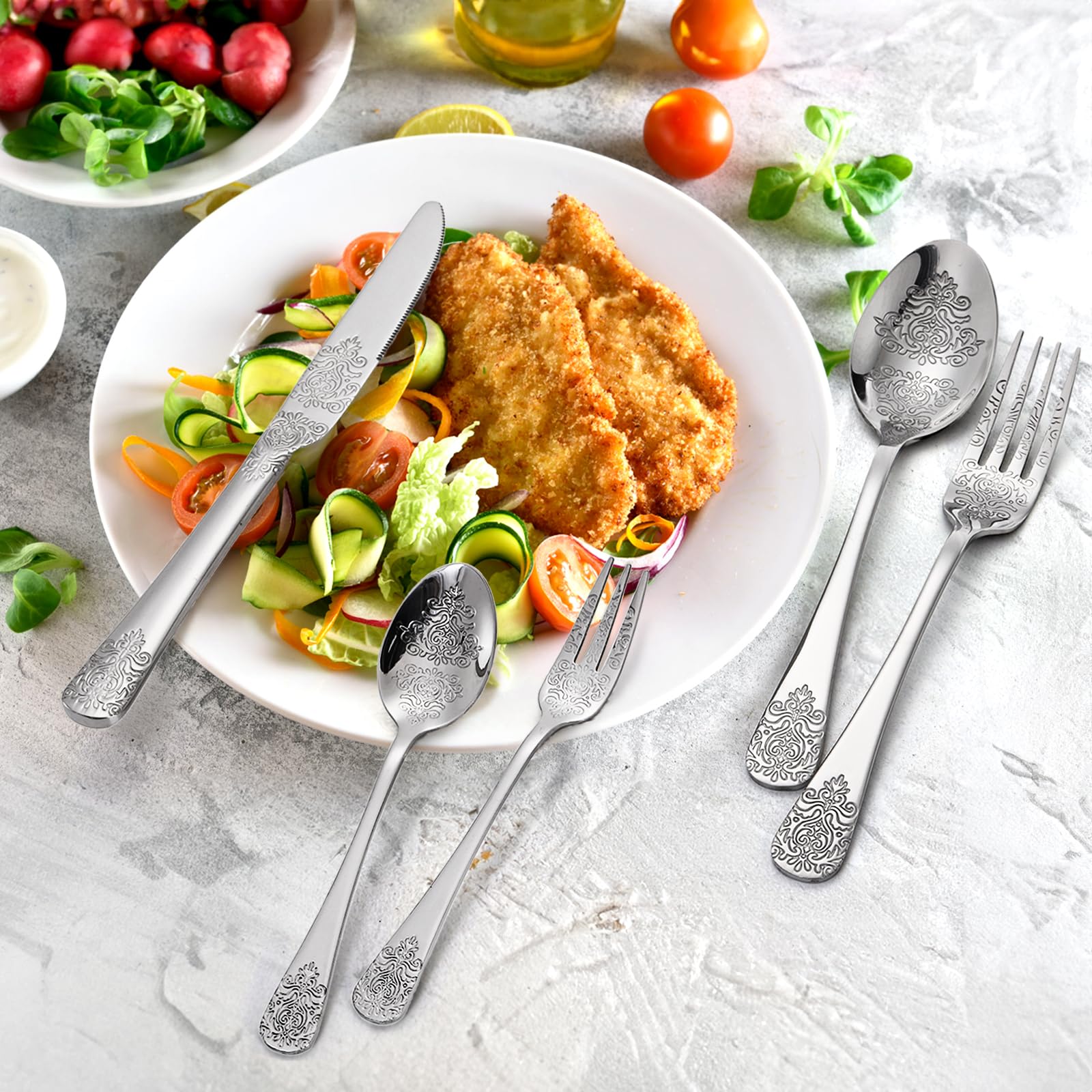 ZEAYEA 30 Pieces Silverware Set for 6, Stainless Steel Flatware Set, Embossed Design Kitchen Cutlery Set Includes Forks Knives Spoons for Home Festival Wedding Parties, Dishwasher Safe