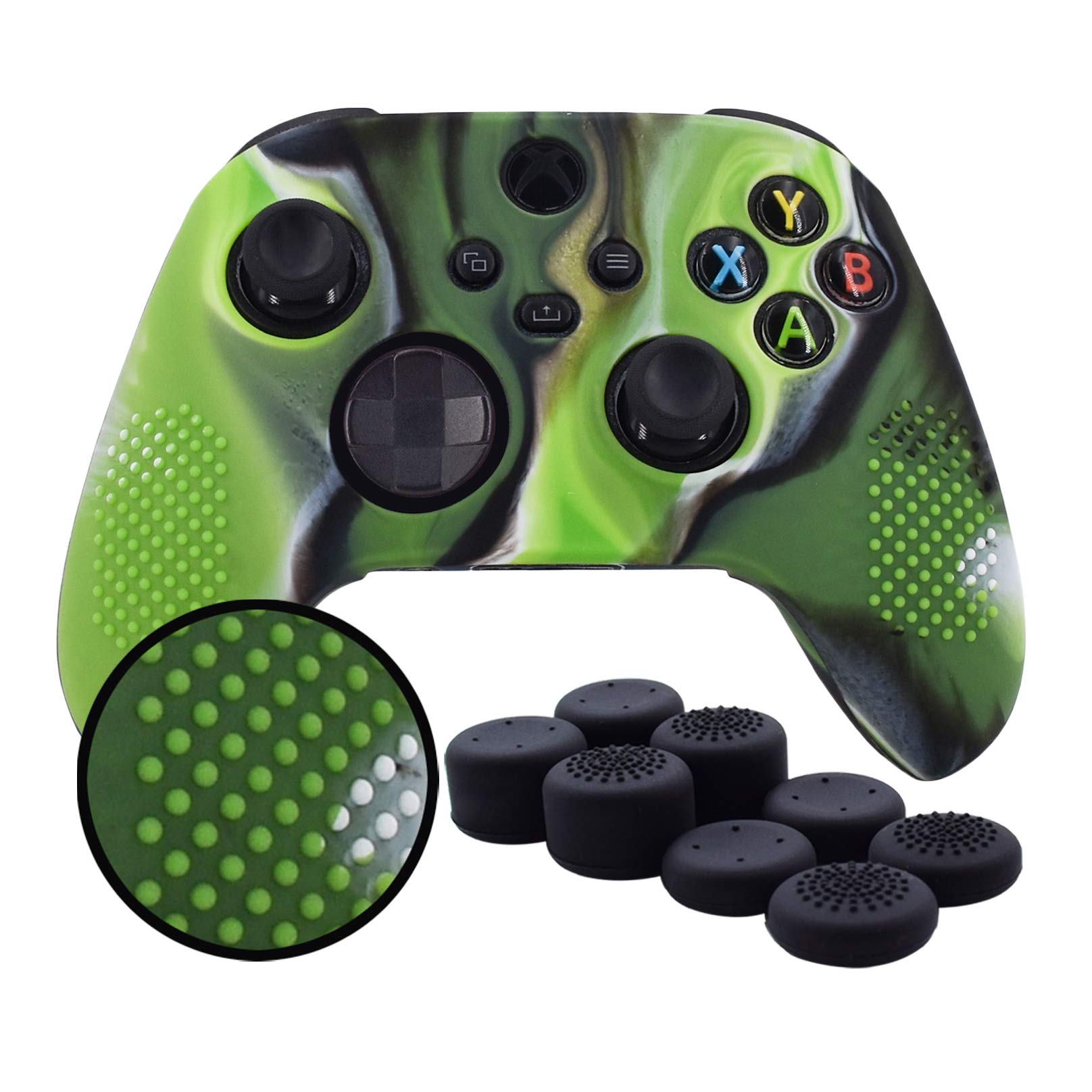Grips for Xbox Series X Controller, Pandaren Studded Anti-Slip Silicone Cover for Xbox Series X/S Controller Skin Hand Grip with 8pcs FPS Pro Thumb Sticks Cap Protector(Camougreen)