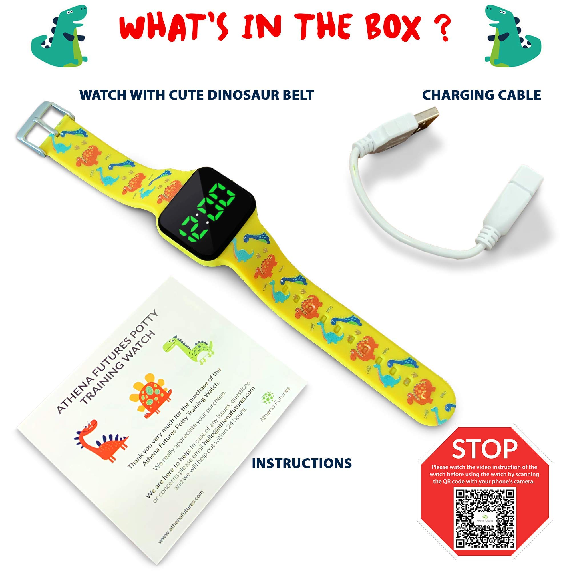 ATHENA FUTURES Potty Training Count Down Timer Watch with Lights and Music - Rechargeable, Dinosaur Yellow Band and Potty Training Chart for Toddlers - Sticker Chart, 4 Week Reward Chart