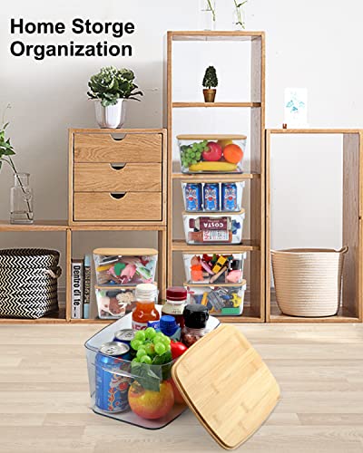 AREYZIN Set of 6 Lidded Plastic Storage Baskets + 6 Pack Clear Storage Bins with Bamboom Lids Freezer Organizer Bins Pantry Organization and Storage