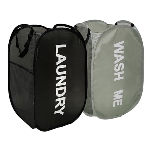 Buenod Mesh Laundry Hampers, Collapsible Laundry Baskets Pop Up Storage Bin, 2 Pack Clothes Hampers with Side Pocket for Home, College Dorm, Apartment (Black + Gray)