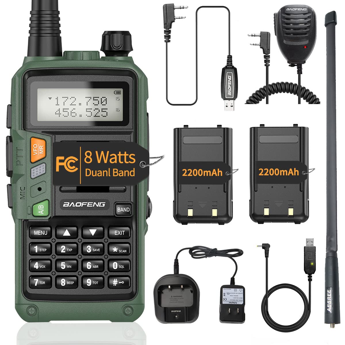 BaoFeng UV-S9 Plus 8W Ham Radio High Power Tri-Power Portable Two Way Radio with Extra 2200 mAh Battery,USB Charger Cable,Programming Cable,Speaker Mic Full Kit