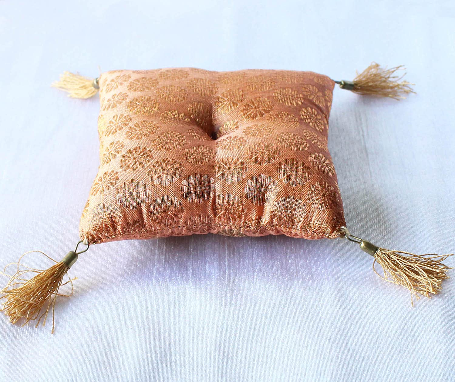 Cushion for Tibetan Singing Bowl Handmade Square Cushions Brocade Art Silk Home Decor Jewelry Display Pillow (10" x 10" Inch, Peach)