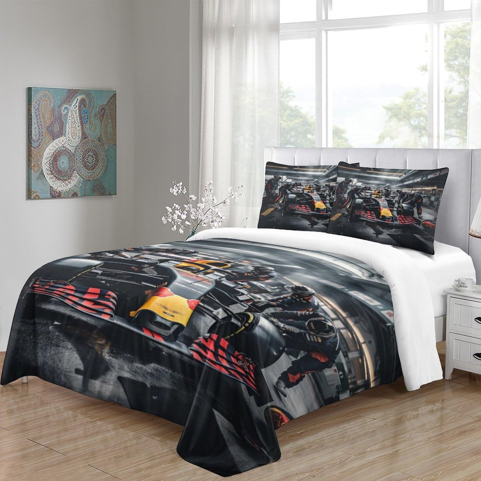 BUKISA Formula-Racing Racing Warmth Bedding Set Hidden Zipper Duvet Cover Set with Pillowcases Contests Quilt Cover Set Soft Microfiber Comforter Cover Various Sizes for Kids Adults Full(203x228cm)