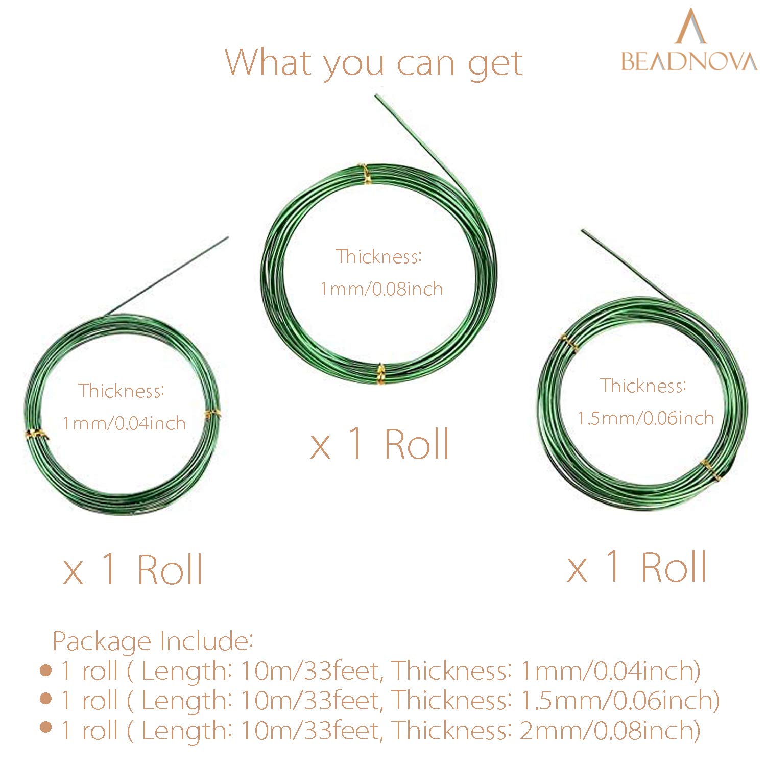 BEADNOVA Bonsai Wire 33 Feet Green Bonsai Training Wire Aluminium Plant Training Wire for Bonsai Plant (Green, 3 Sizes, 30m)