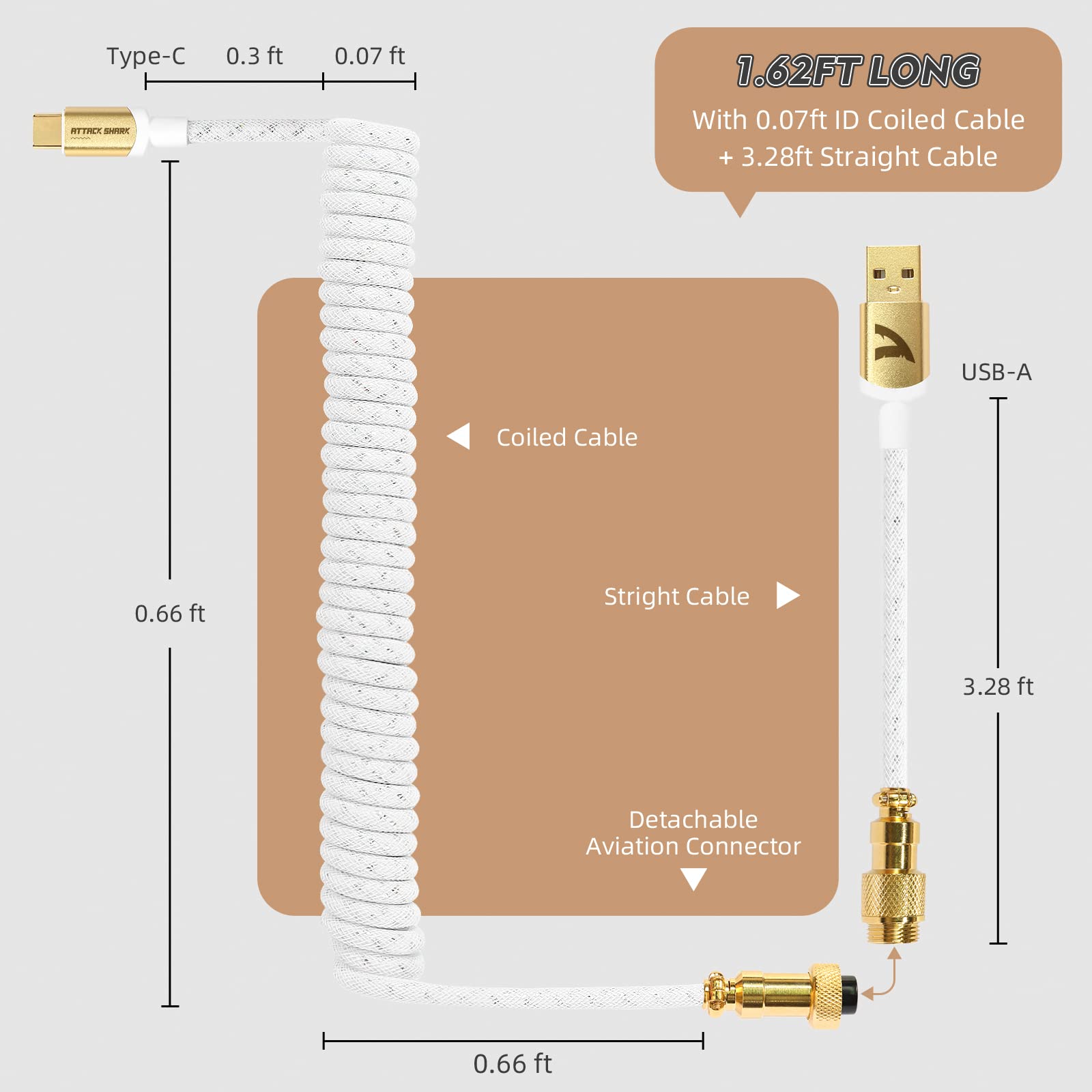 ATTACK SHARK Custom Coiled USB C to A Cable for Gaming Keyboard,Double-Sleeved Starlight Braided Cable with Detachable Metal Aviator 24K Gold Connector 1.7M-2.2M for Phone/PS4/Android/Xbox-White