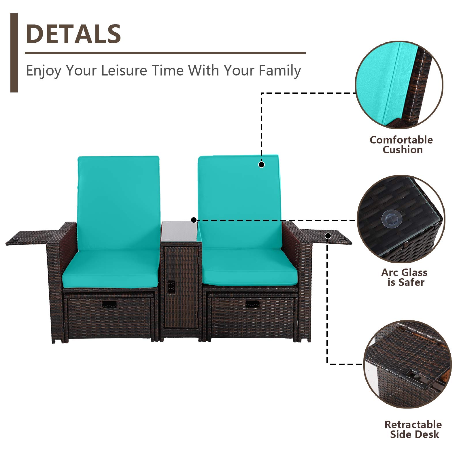 VUYUYU 5PCS Patio Wicker Furniture Set - Outdoor PE Rattan Loveseat Sofa with Adjustable Backrest, Coffee Table, Ottoman - Patio Lounge Chair for Garden, Beach, Poolside, Balcony, Backyard, Deck