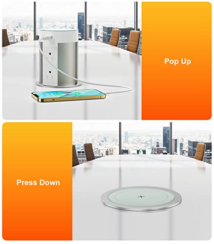 Automatic Pop Up Power Outlet with Wireless Charger, Retractable Recessed Power Strip, 4 AC Outlets and 2 USB Ports, Glass Finish, for Kitchen Countertops Office Table Workshop, White