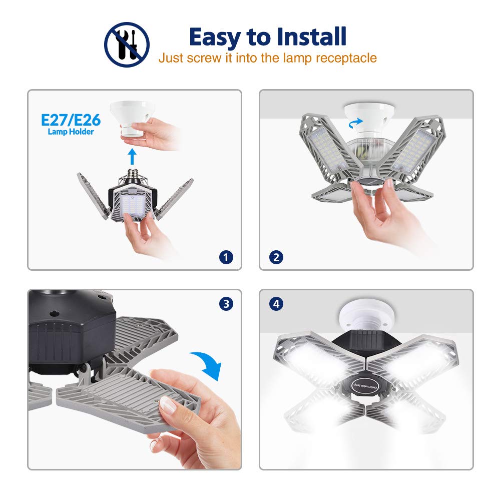 Ankishi Garage LED Lights Ceiling 2 Pack,150W Deformable led Garage Lights,E27/E26 Garage LED Light with 4 Adjustable LED Panels,15000LM LED Shop Lights for Garage,Warehouse,Workshop and Yard