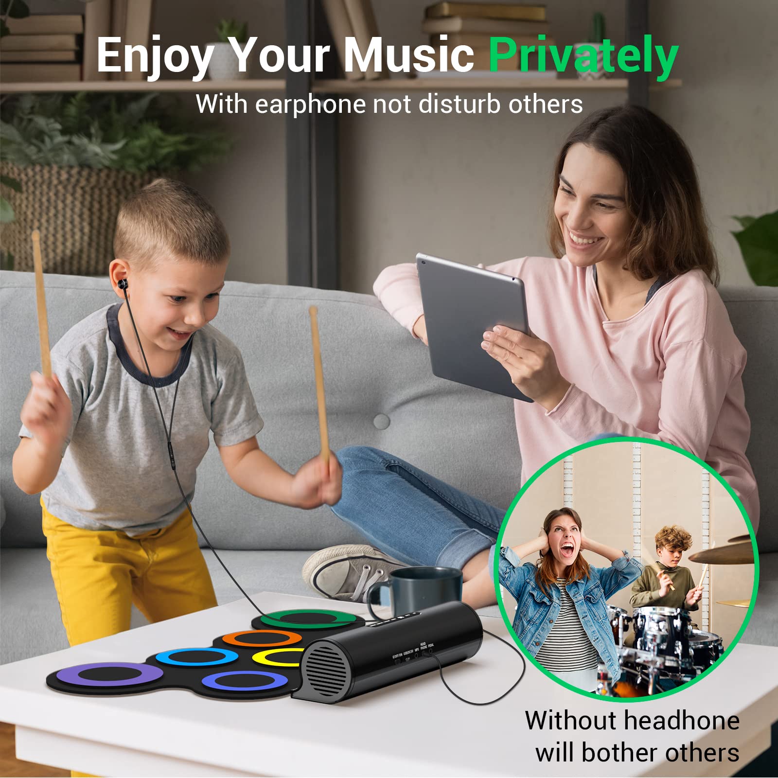 ROCKSOCKI Electric Drum Set, 7-Pad Electronic Drum Set with Headphone Included, Roll-up Drum Pad For Kids, Great Holiday Xmas Birthday Gift (Dual Speakers)
