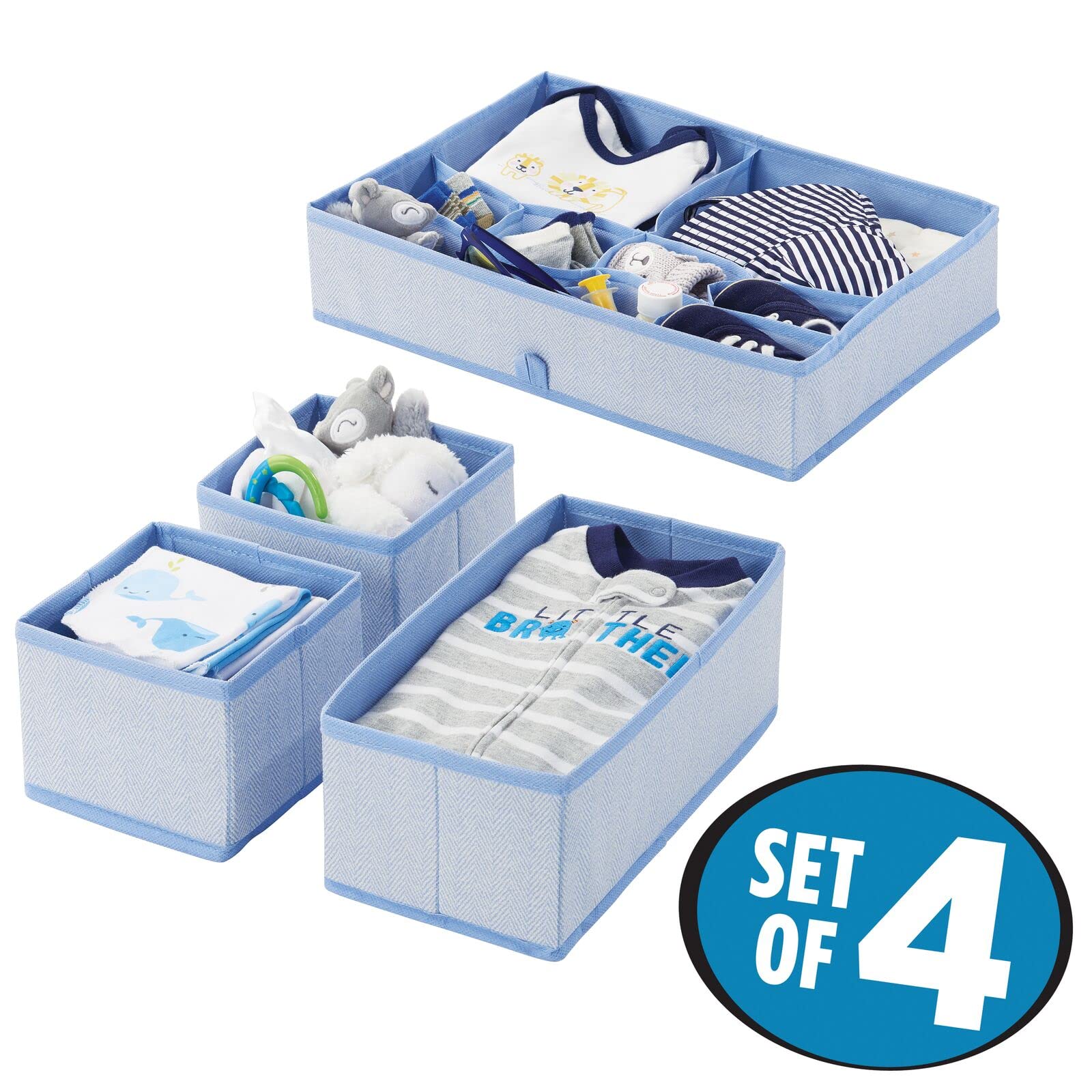 mDesign Fabric 4-Piece Drawer Organizer Bins, Kids/Baby Nursery Dresser, Closet, Shelf, Playroom Organization, Hold Clothes, Toys, Diapers, Bibs, Blankets, Blue Herringbone