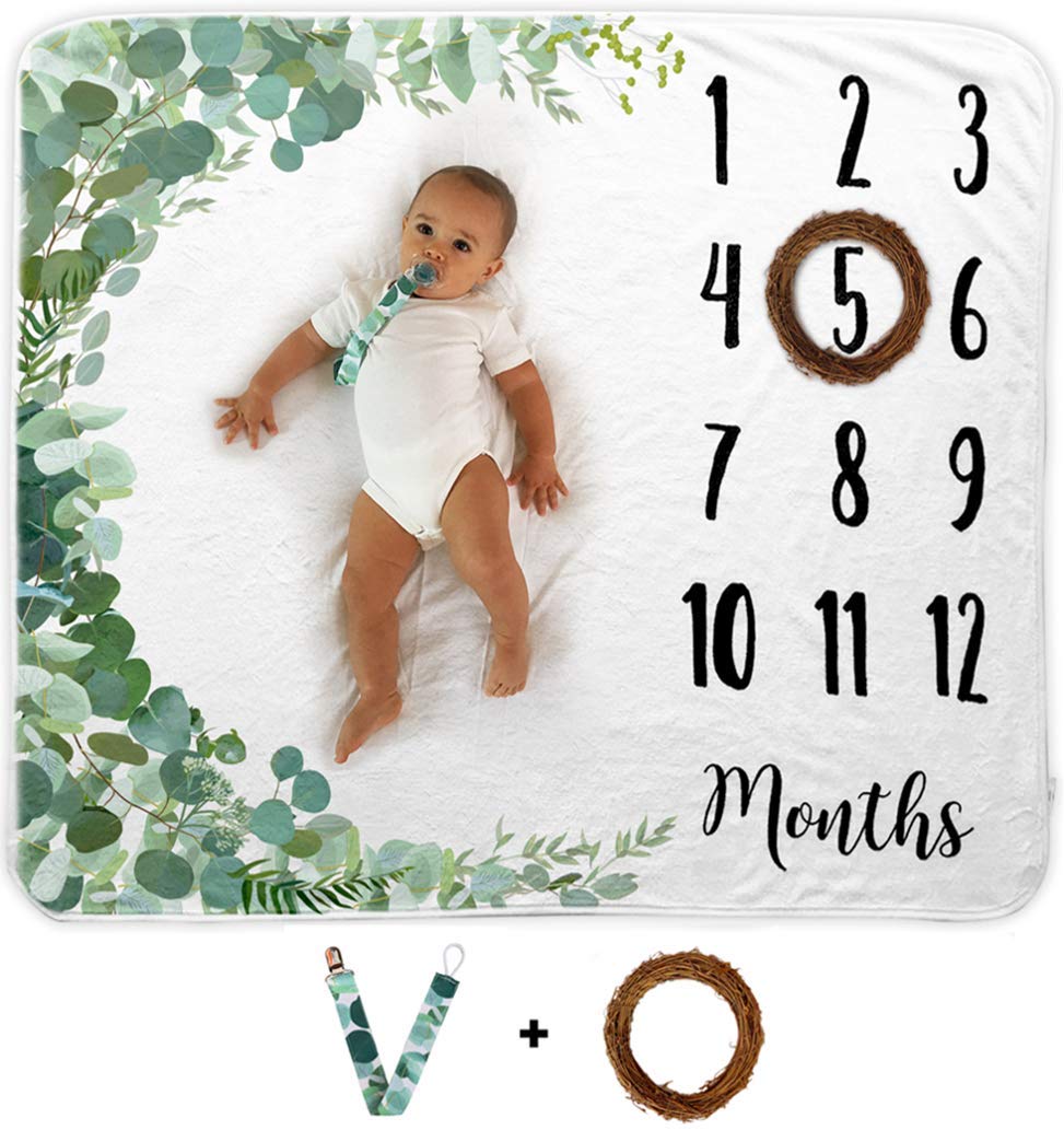 Baby Monthly Milestone Blanket | Includes Wooden Wreath and Pacifier Clip | 1 to 12 Months | Premium Extra Soft Fleece | Best Photography Backdrop Prop for Newborn Boy & Girl