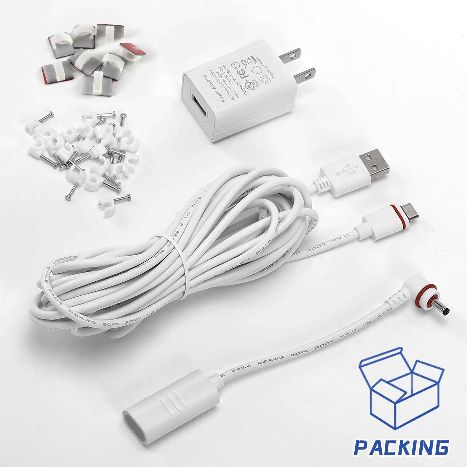 Awwndd Charger Cable for Ring Camera Battery, Compatible with Ring Stick Up Cam Battery, Ring Spotlight Cam Plus/Pro Battery, Including USB C Plug to Ring Barrel DC Plug Adapter, 16Ft/5m Power Cord