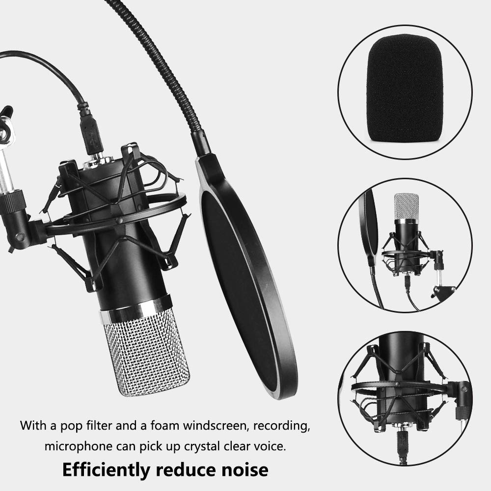 Ankuka Studio Condenser USB Microphone for Computer, Plug & Play Podcast Mic Kit with Adjustable Arm Stand Shock Mount for for Recording, Gaming, Singing, YouTube