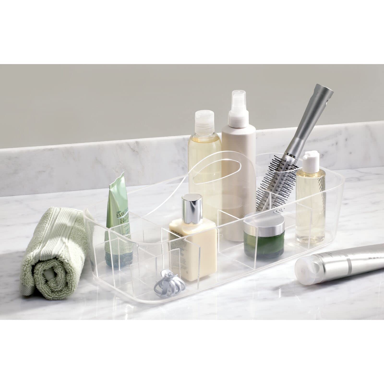 mDesign Plastic Divided Cosmetic Organizer Caddy Tote Bin with Handle, for Bathroom Vanity Storage - Holds Blush, Makeup Brushes, Palettes, Lipstick, Nail Polish - Lumiere Collection - Clear