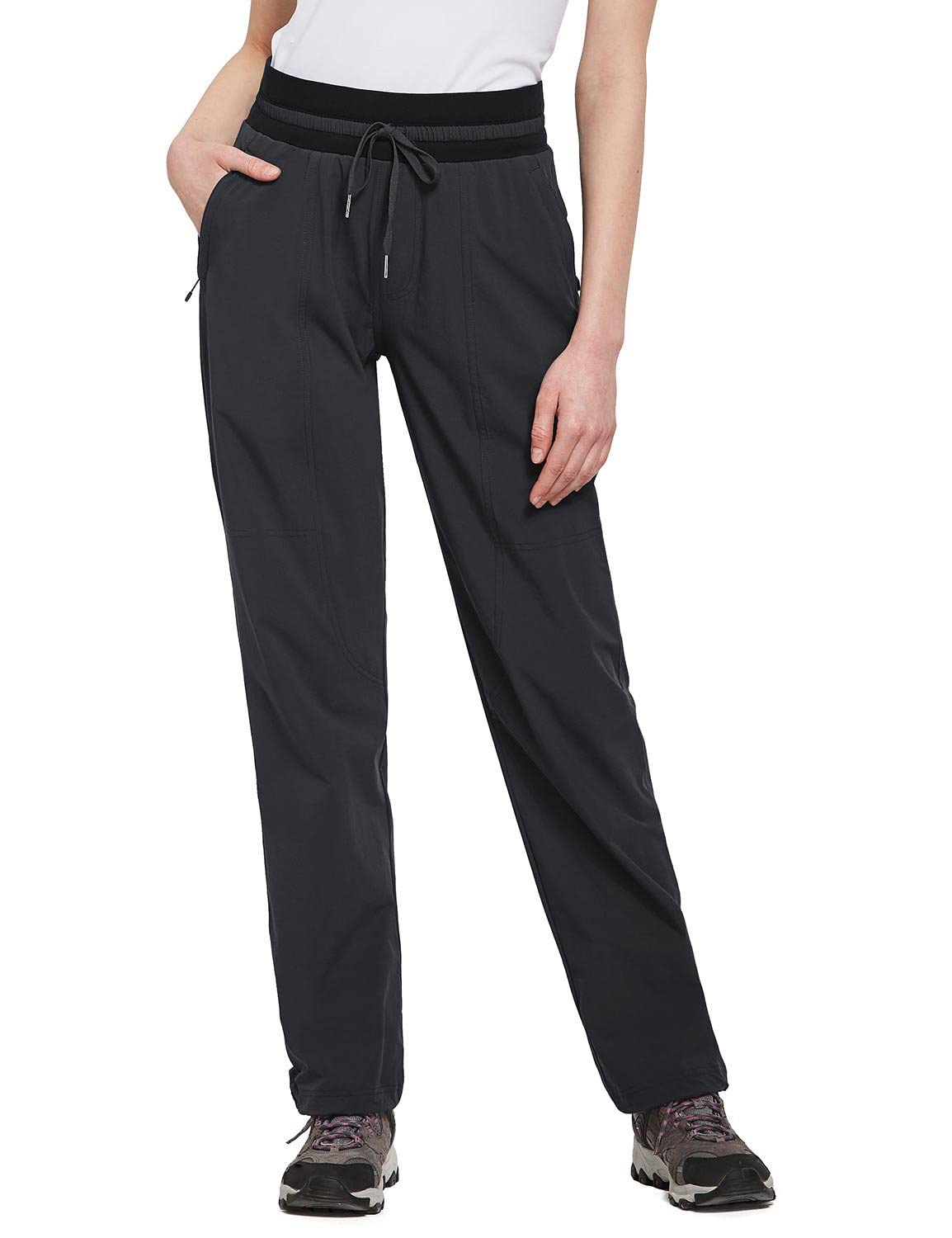 BALEAF Women's Hiking Pants Capris Elastic Waist Lightweight UPF 50+ Quick Dry with Zipper Pockets Fishing Camping Jogging Black S
