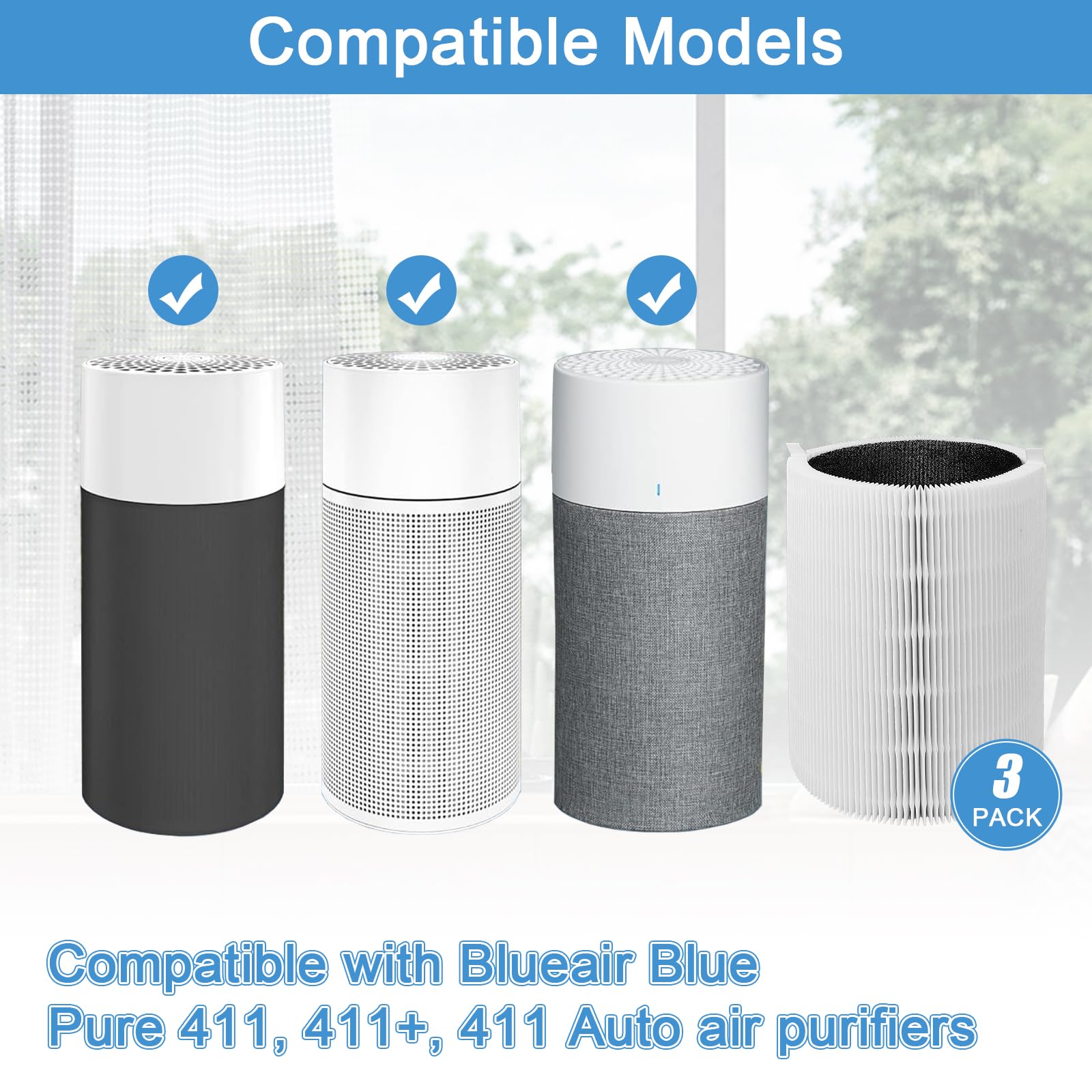 Attemart Blue Pure 411 Filter Replacement for Blueair Blue Pure 411 Genuine, 411+, 411 Auto and MINI Air Purifier, Particle and Activated Carbon, 3 Pack