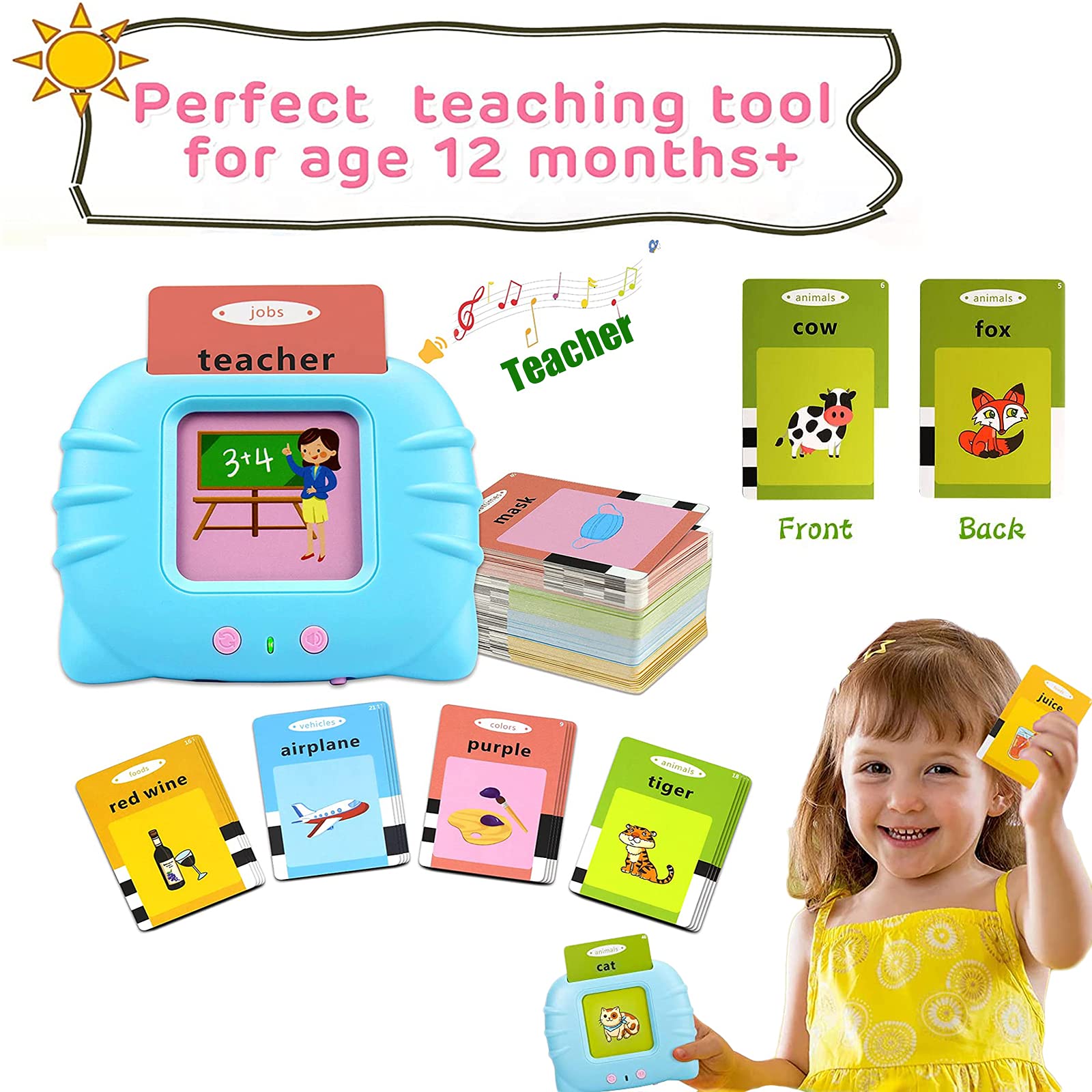 Educational Toddler Toy Flashcards Device,WONFAST 112PCS Double-Sided Illustrations Words Audible Preschool Learning Flash Cards Reader for Kids Boys Girls Birthday Christmas Children Gifts (Blue-1)