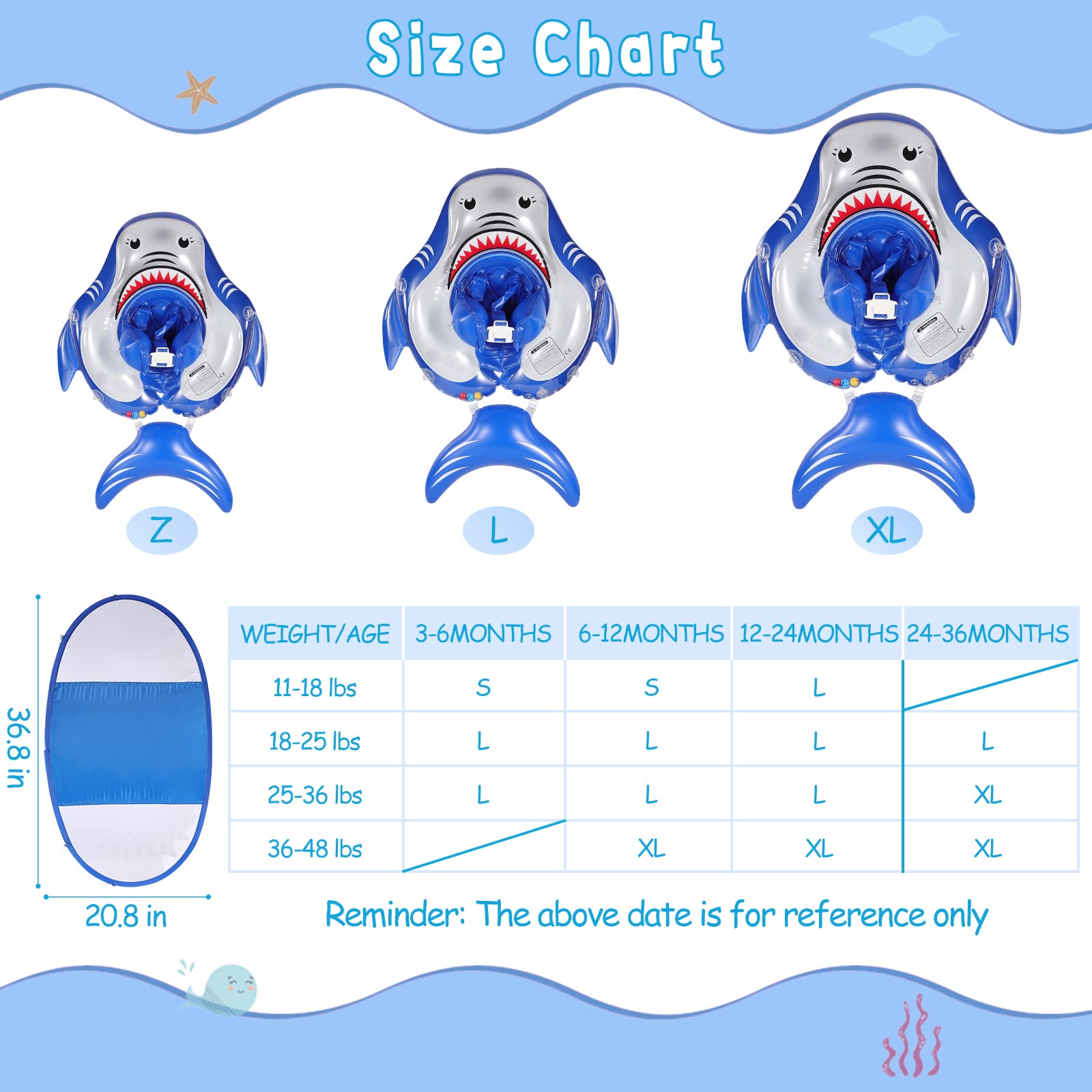 Baby Pool Float, Infant Swimming Float with Sun Protection Canopy Inflatable Floaties for Toddlers Shark Baby Swim Floats Ring for Pool Bath Toys for Newborn 3-36 Months