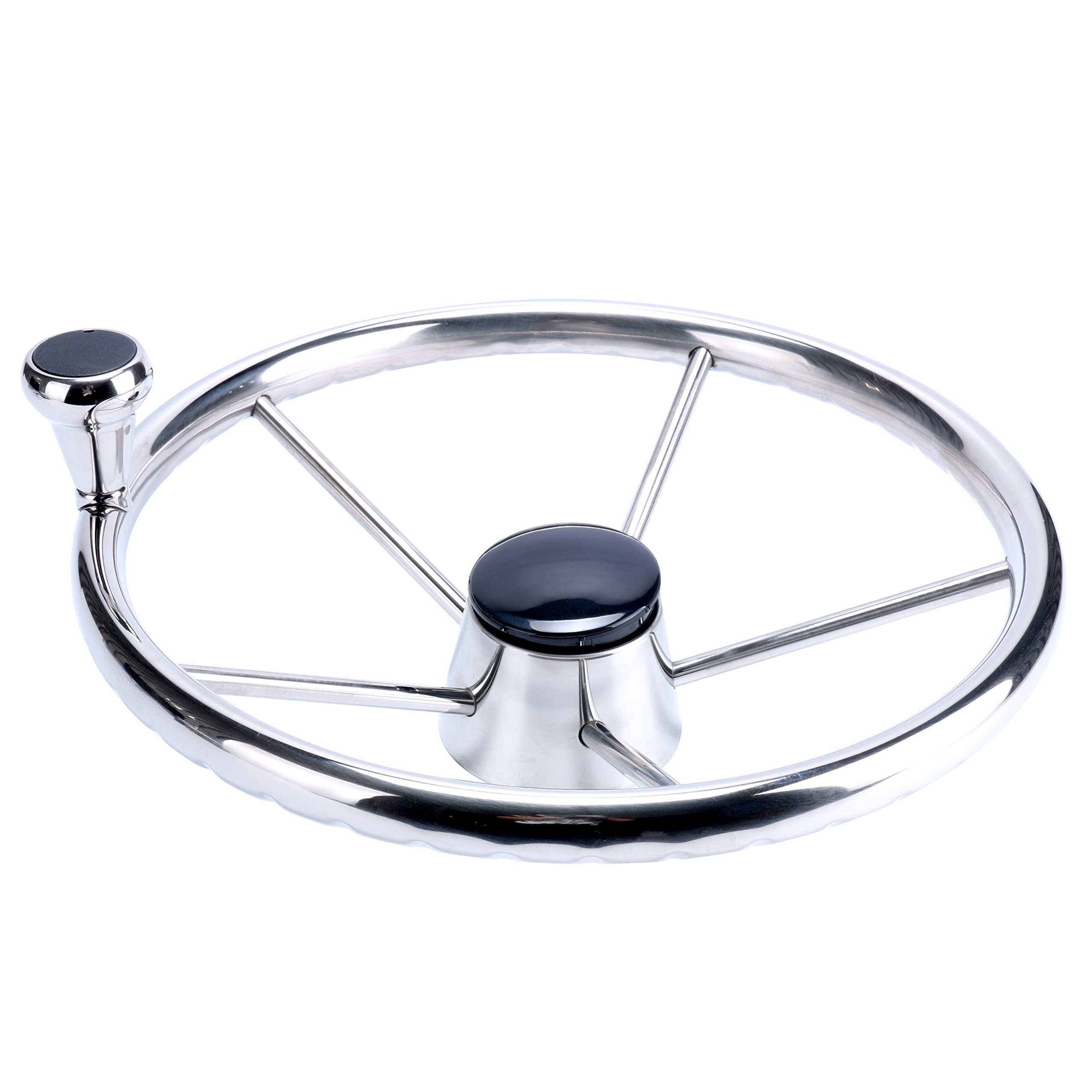 Amarine Made Destroyer Style Stainless Boat Steering Wheel, Marine Steering Wheel 5 Spoke 13-1/2 Inch, Stainless Steering Wheel with Big Size Knob