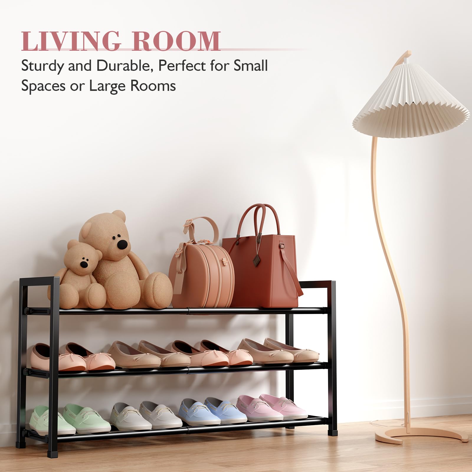 Bumusty 3-Tier Expandable Shoe Rack for Closet, 18β-33β Adjustable Shoe Rack for Small Space, Small Shoe Organizer for Front Door, Sturdy Metal, Black