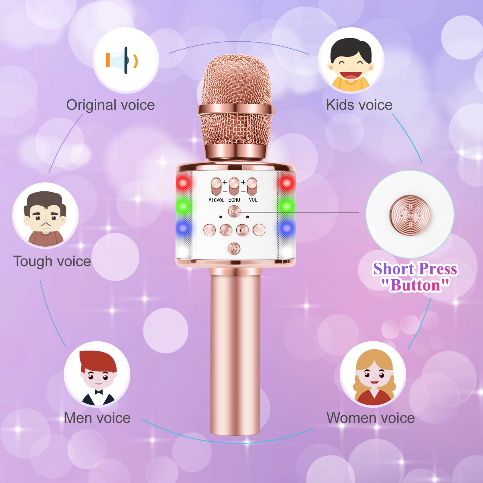 Anitiate Singing Karaoke Microphone for Kids Adults, Handheld Wireless Bluetooth Kids Microphone with LED Lights Portable Karaoke Mic Speaker Player Recorder Machine for Birthday Home Party
