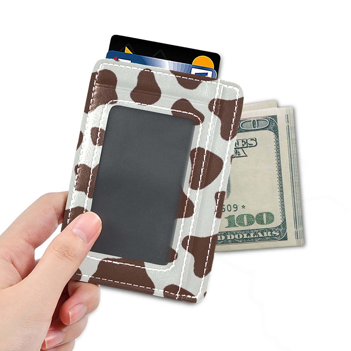 JUNZAN Slim Wallet Brown Cow Print Minimalist Wallets for Men Women Leather RFID Blocking Front Pocket Card Holder