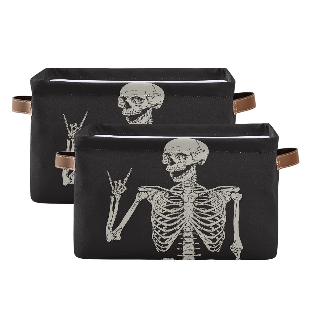 AUUXVA Human Skeleton Skull Storage Bins Basket, Day of The Dead Halloween Collapsible Storage Cube Rectangle Storage Box with Handles for Shelf Closet Nursery Bedroom Home Office 1 Pack