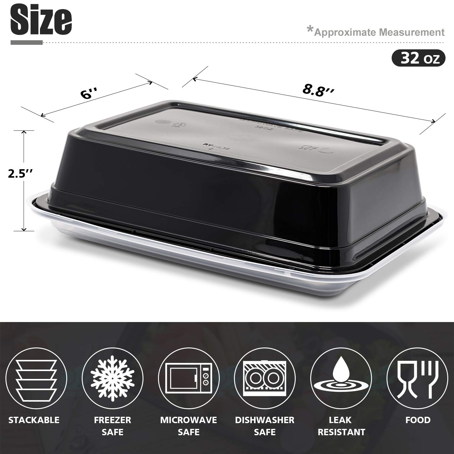 Azure Zone, 32 oz, 50-Pack Rectangular Meal Prep Food Container with Lid - One Compartment Bento Box - Stackable - Freezer/Microwave/Dishwasher Safe - Reusable Storage - Portable - BPA Free