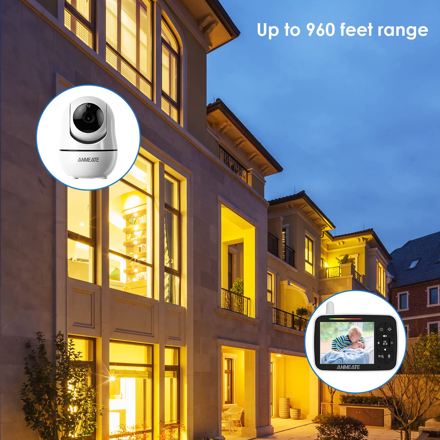 ANMEATE Baby Monitor with Remote Pan-Tilt-Zoom Camera, 3.5inch Large Display Video Camera,Audio |Infrared Night Vision |Two Way Talk | Room Temperature| Lullabies 960ft Range