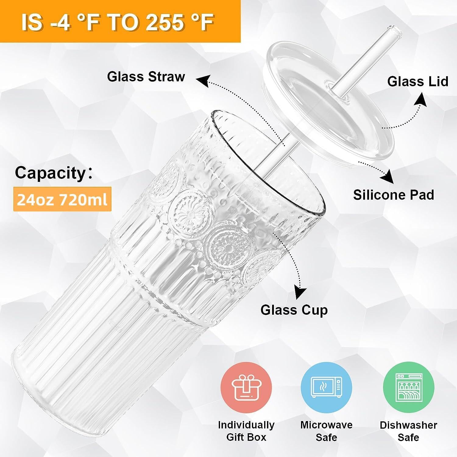 Bandesun All Glass Iced Coffee Cup With Lids and Straws,24 OZ High Borosilicate Glass Tumbler for Water Smoothie Juice Drinks
