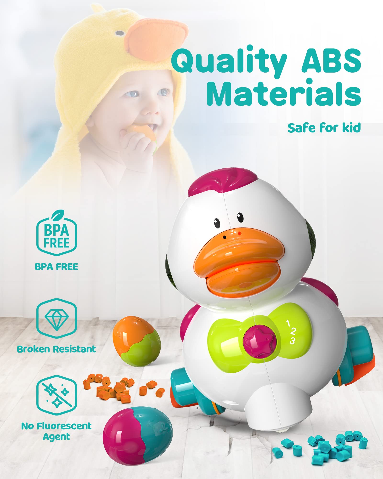 auby Dancing Duck Toy for Toddlers 2-3, Voice Controlled Musical Toys with Light, 3 Mode Moving Duck Toys with 2 Eggs, Easter Toys for Crawling Babies, Crawling Duck Lay Eggs Toys