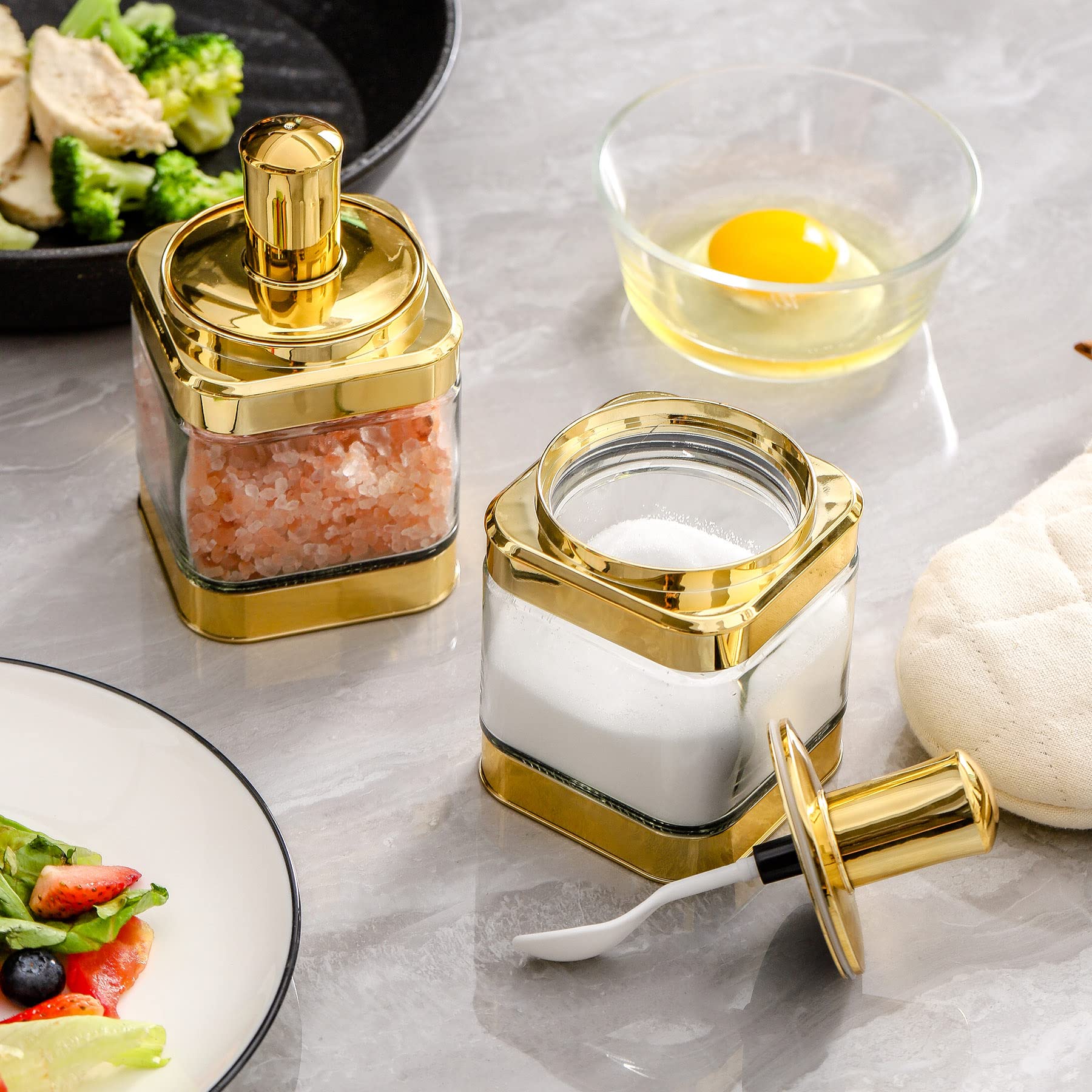BETTWILL Glass Condiment Spice Jars, Container with Lids and Spoons(11oz/320 ml), Gold Salt Jar, 2Pack Seasoning Box Set for Sugar, Pepper, for Kitchen Counter，Brown Sugar Container.