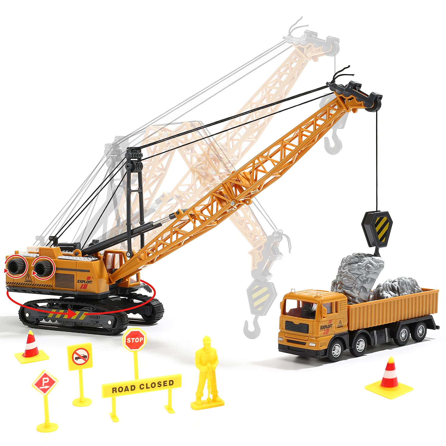 CUTE STONE Construction Vehicles Playset with Playmat, Kids Engineering Truck Set with Crane, Excavator, Tractor with 3 Interchangeable Parts, Cement, Truck, Educational Gift Toy for Toddlers Boys