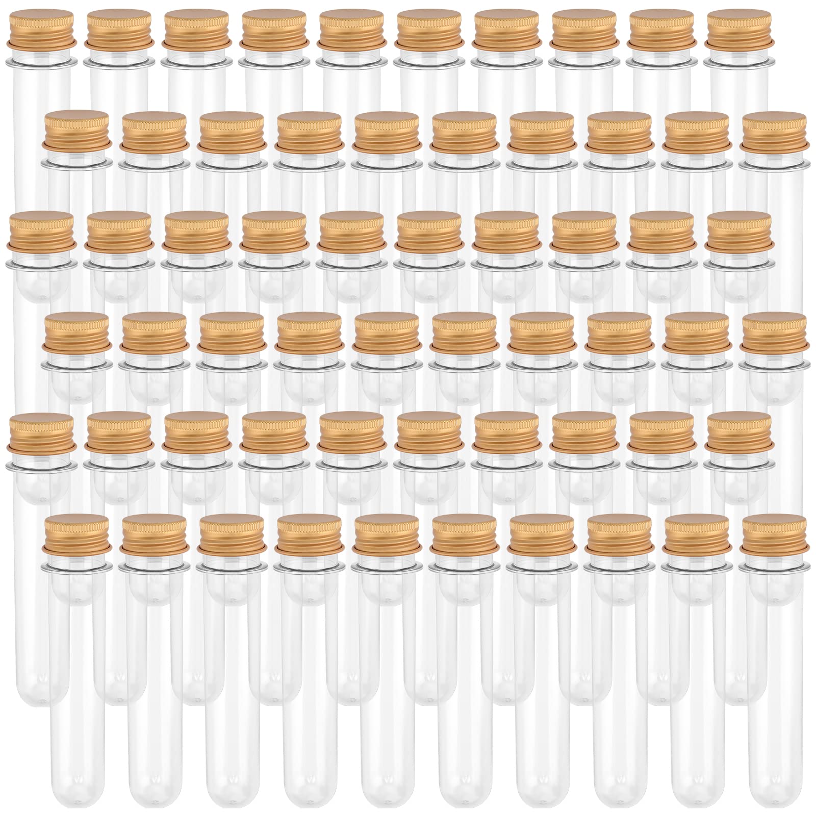 SEUNMUK 60 PCS 40ml Clear Plastic Test Tubes with Gold Caps, 140 x 25 mm Clear Bath Salt Tubes, Test Tubes for Plants, Scientific Experiments, Candy Storage, Powders, Spices
