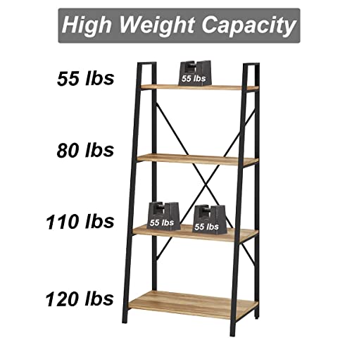 BON AUGURE Industrial Ladder Shelf Bookcase, 4 Tier Rustic Ladder Bookshelf, Standing Leaning Book Shelves for Living Room (Vintage Oak)…