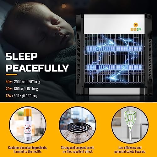 BUGGOFF Black Modern Indoor Electric Bug Zapper, 2000 SQFT Coverage, 3500 Volts of Stunning Power, 40 Watts, Kills Mosquitos Gnats, Flys & More. 10 Year Warranty, X2 Free Replacment Bulbs
