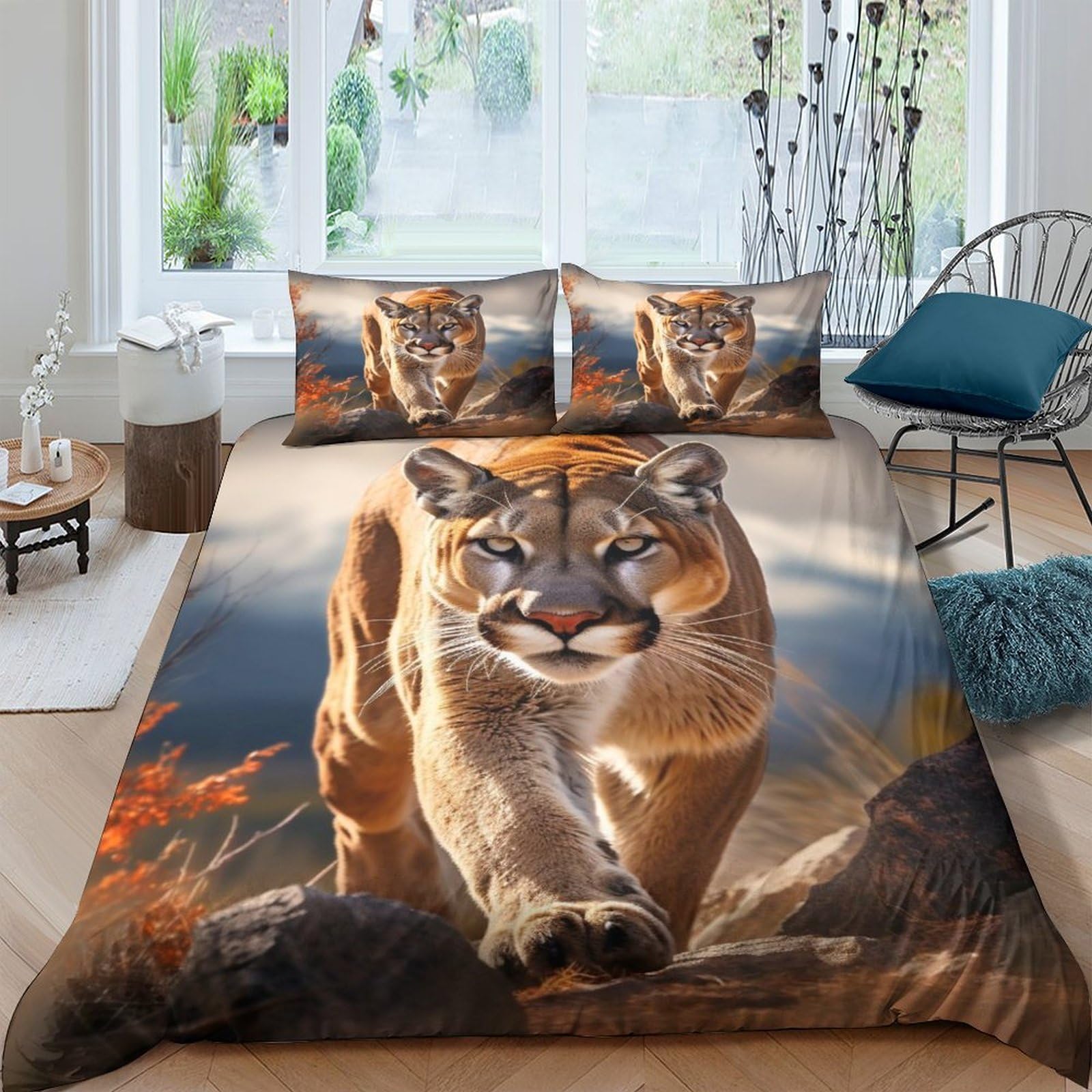 BUKISA Mountain Lion Duvet Cover Set Soft Microfiber Bedding Set Breathable Cougar Quilt Cover with Hidden Zipper Closure and Comforter Cover Sheet Pillowcase Queens(228x228cm)