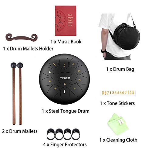 EGMI Tongue Drum 10 Inch 11 Note Percussion Instrument Tank Drum with Mallets Mallet Bracket Cleaning Cloth Finger Picks Music Book Sticker Notes Travel Bag, Portable for Concert Yoga (Silver)