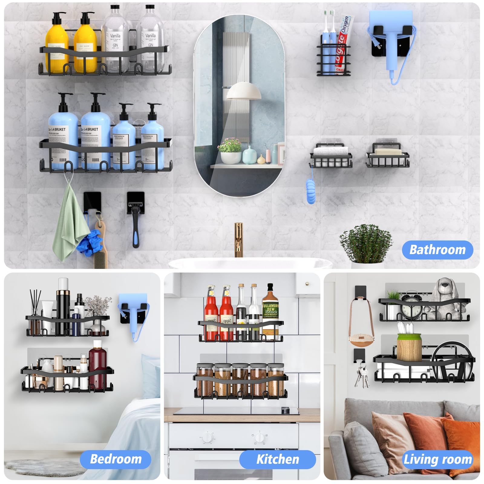 B-Land Shower Caddy 8 Pack, Large Capacity Shower Shelves Strong Adhesive Shower Organizer for Bathroom,No Drilling Rustproof Stainless Steel Bathroom Organizer with Hooks