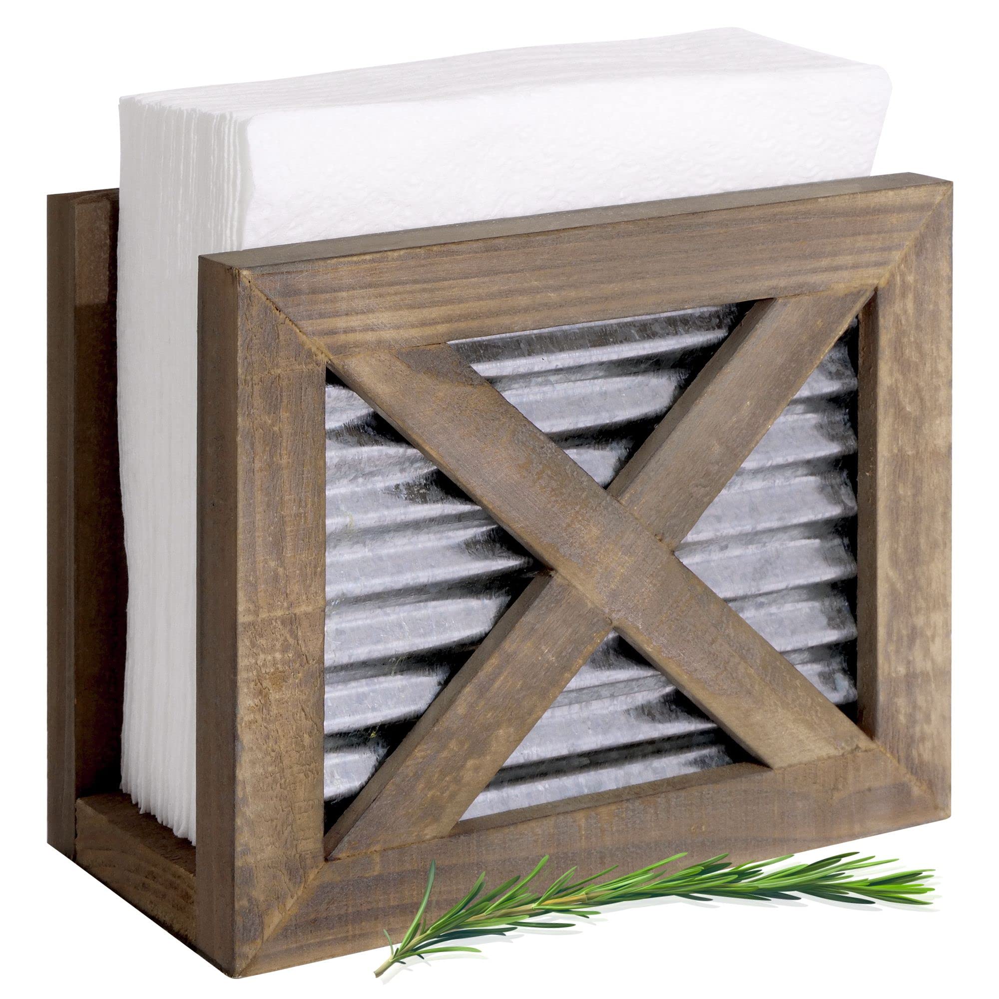 Autumn Alley Farmhouse Napkin Holder - Upright Wooden Napkin Holder - Classic Barn Door Motif with Galvanized Metal - Rustic Napkin Holder for Farmhouse Kitchen Décor - Durable Country Napkin Holder