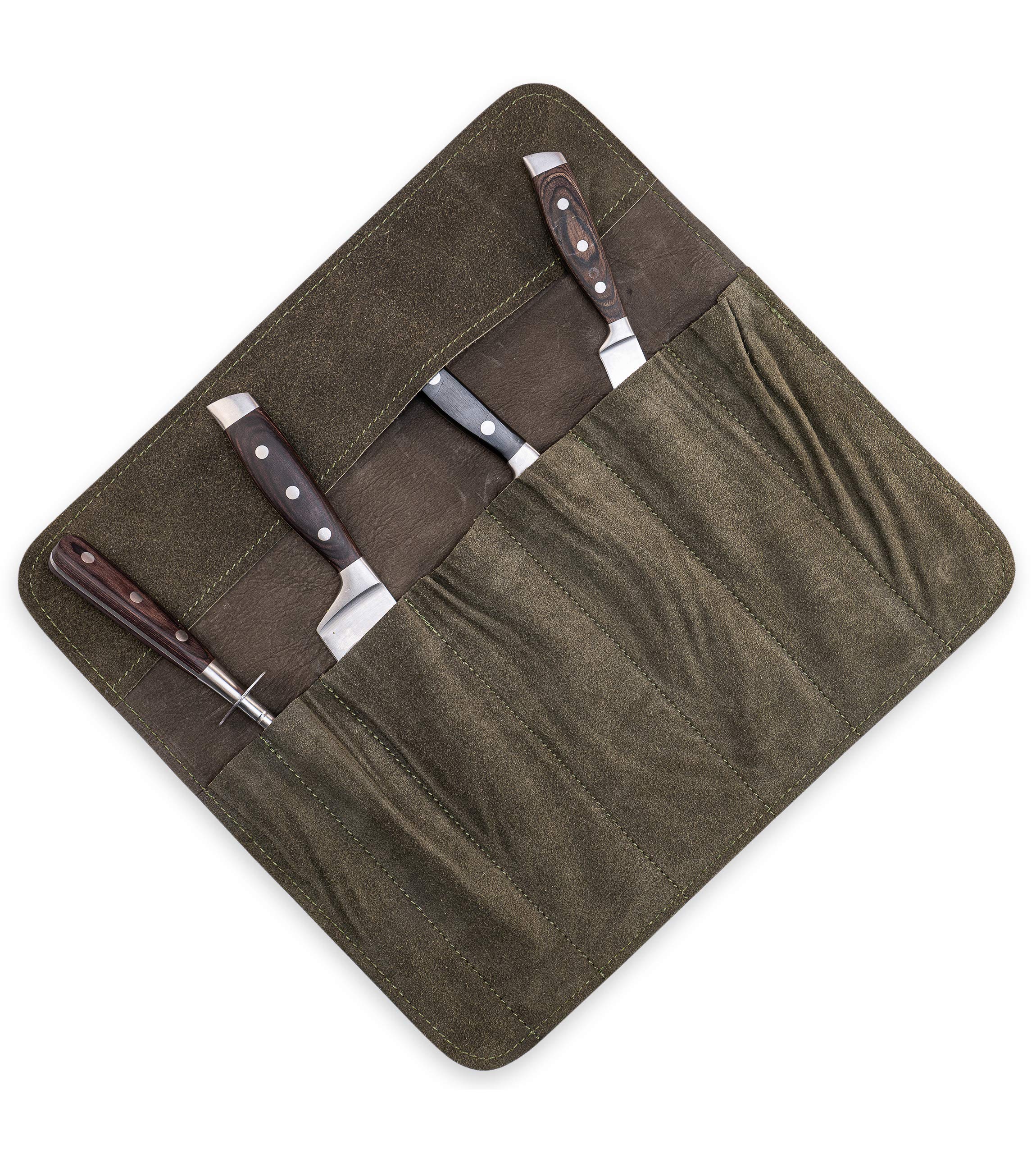 Angus Stoke Knife Roll Bag Genuine Leather β Knife case for Chefs 7 Slots β Leather Knife with Handle and Strap Frank (Olive-Green)